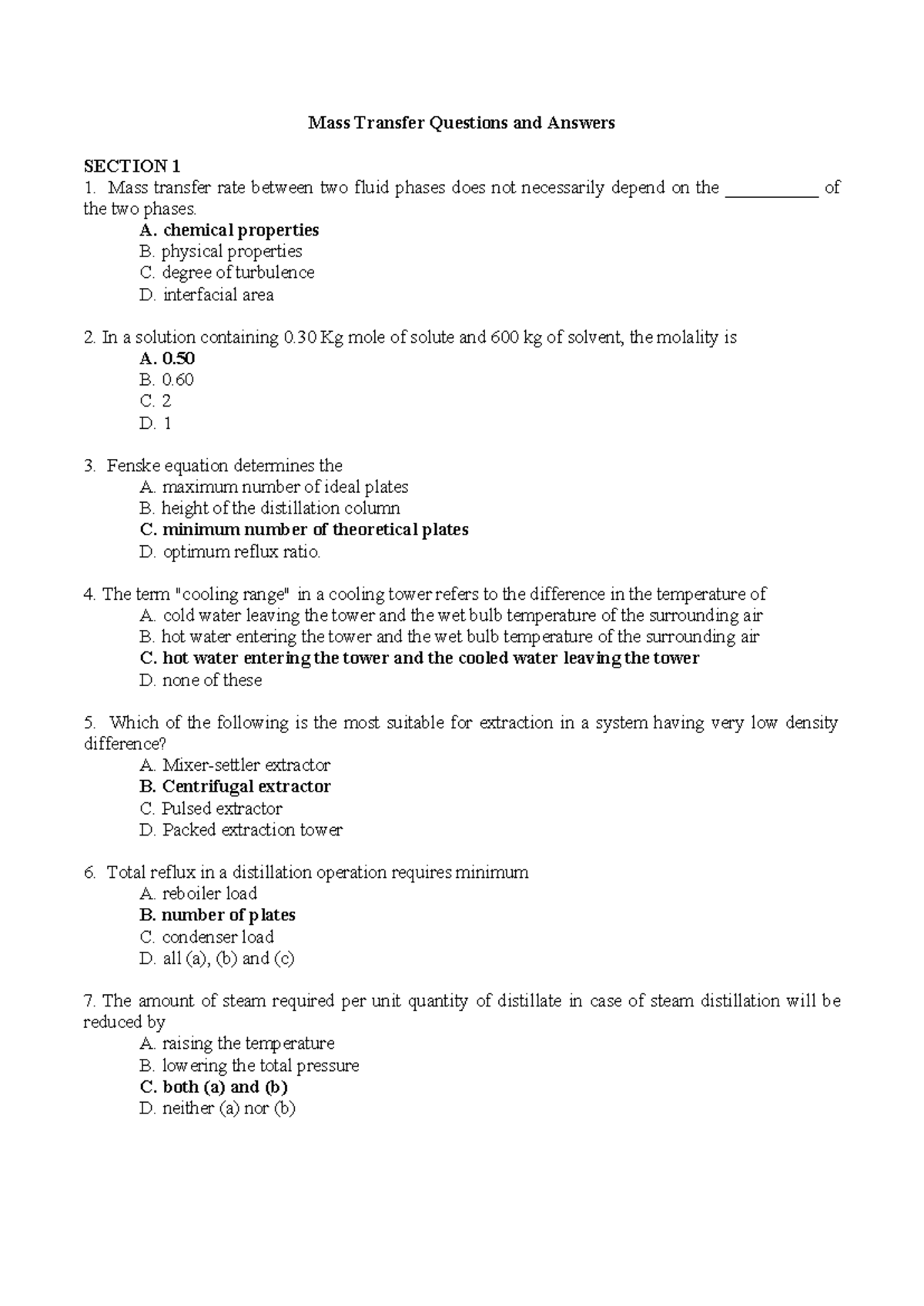 Mass Transfer Questions and Answers - Mass Transfer Questions and ...