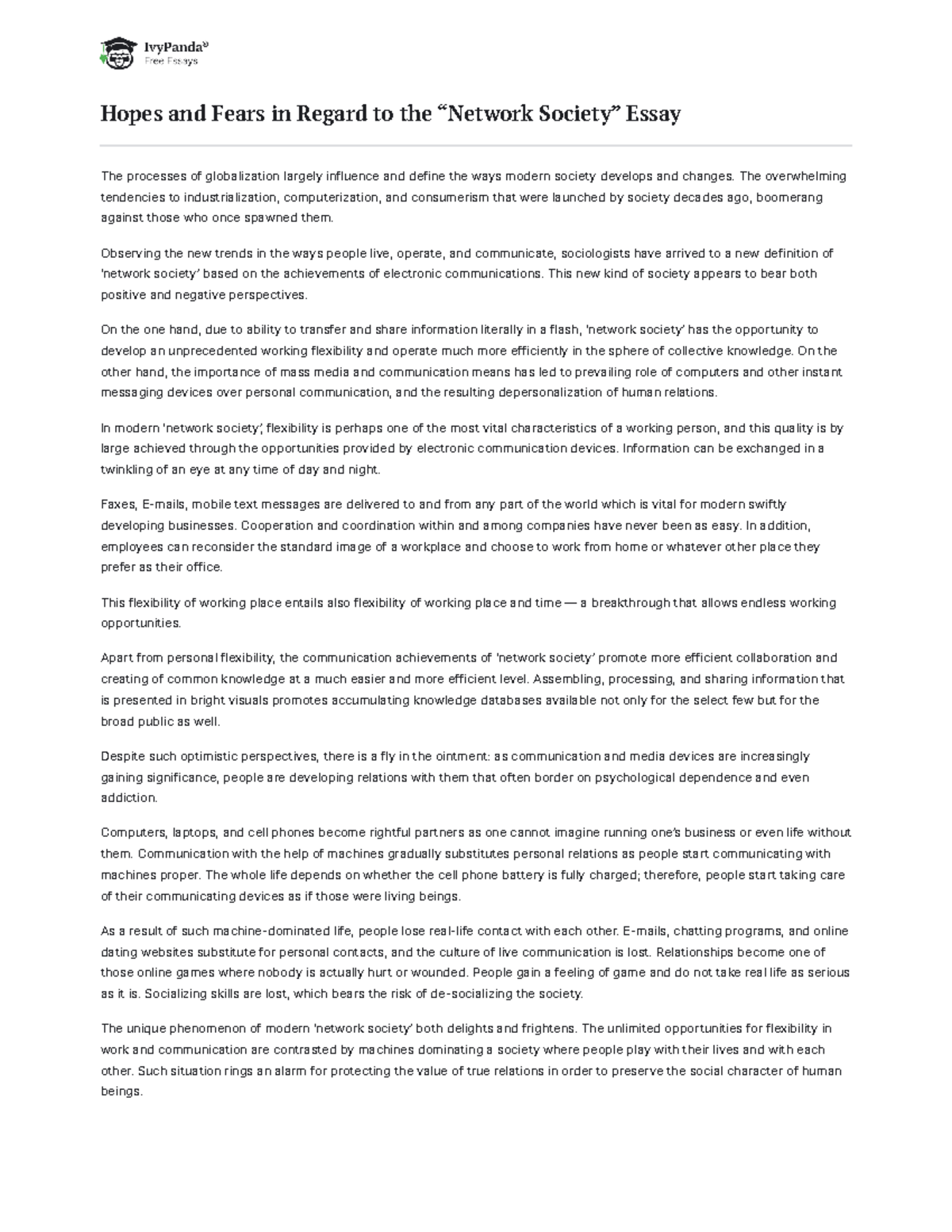 Hopes and Fears in Regard to the Network Society - 563 Words Essay ...