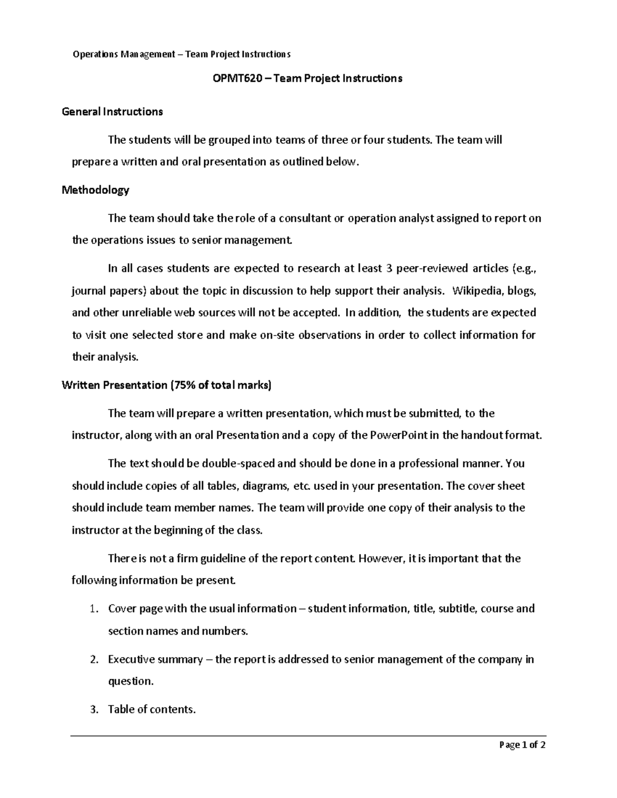 2. Group Project Instructions - Operations Management – Team Project ...