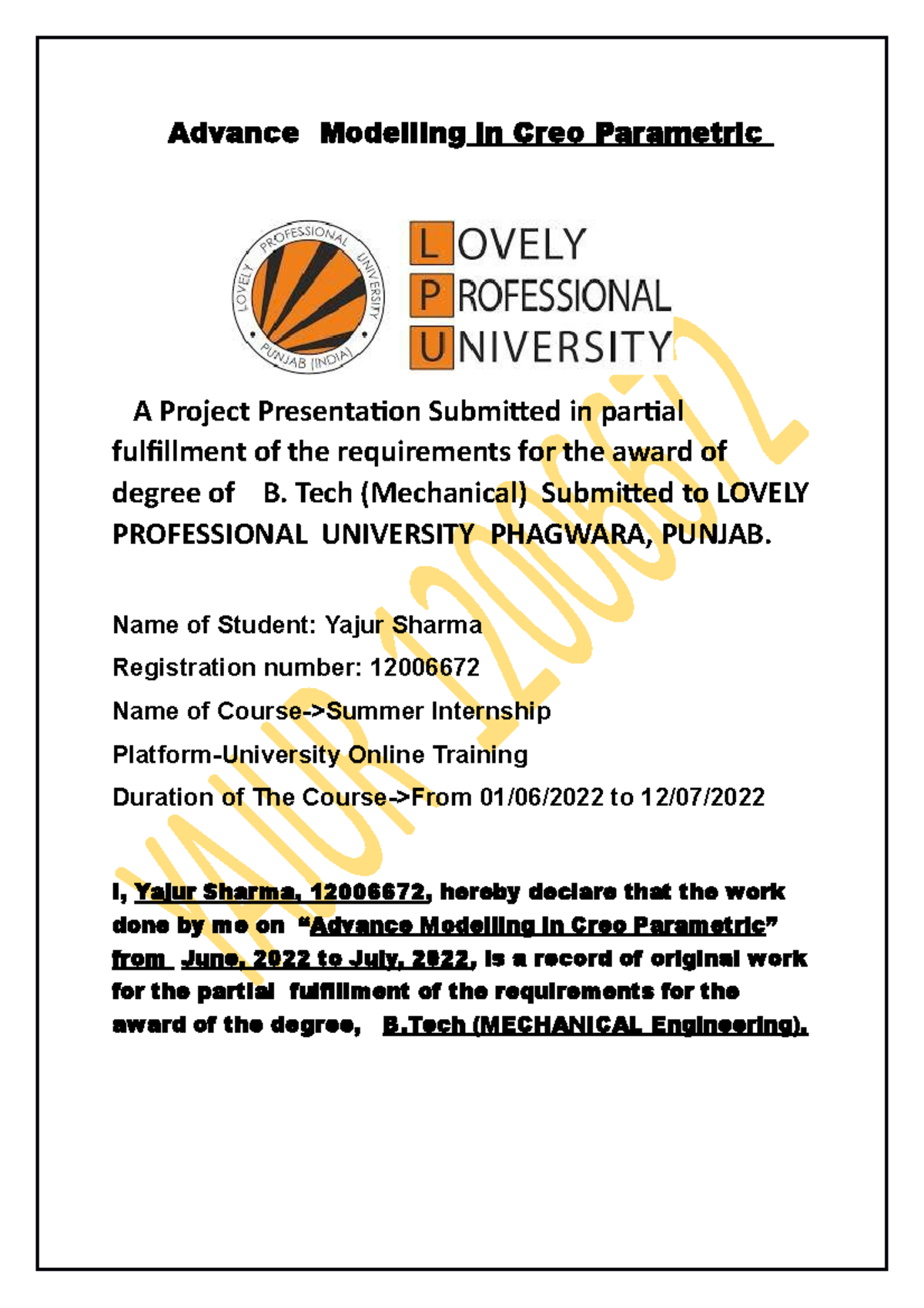 Advance Modelling in Creo Parametric - Tech (Mechanical) Submitted to ...