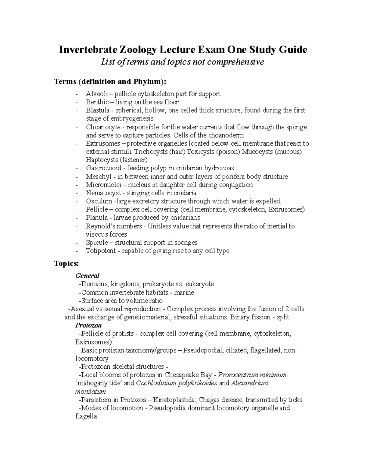 Exam One Study Guide - Invertebrate Zoology Lecture Exam One Study ...