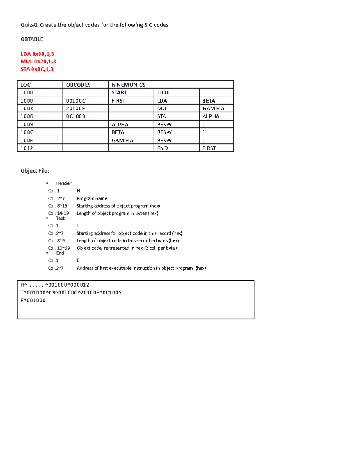 Quiz1-12Prog Block-USE Solution - Quiz#1 Create the object codes for ...