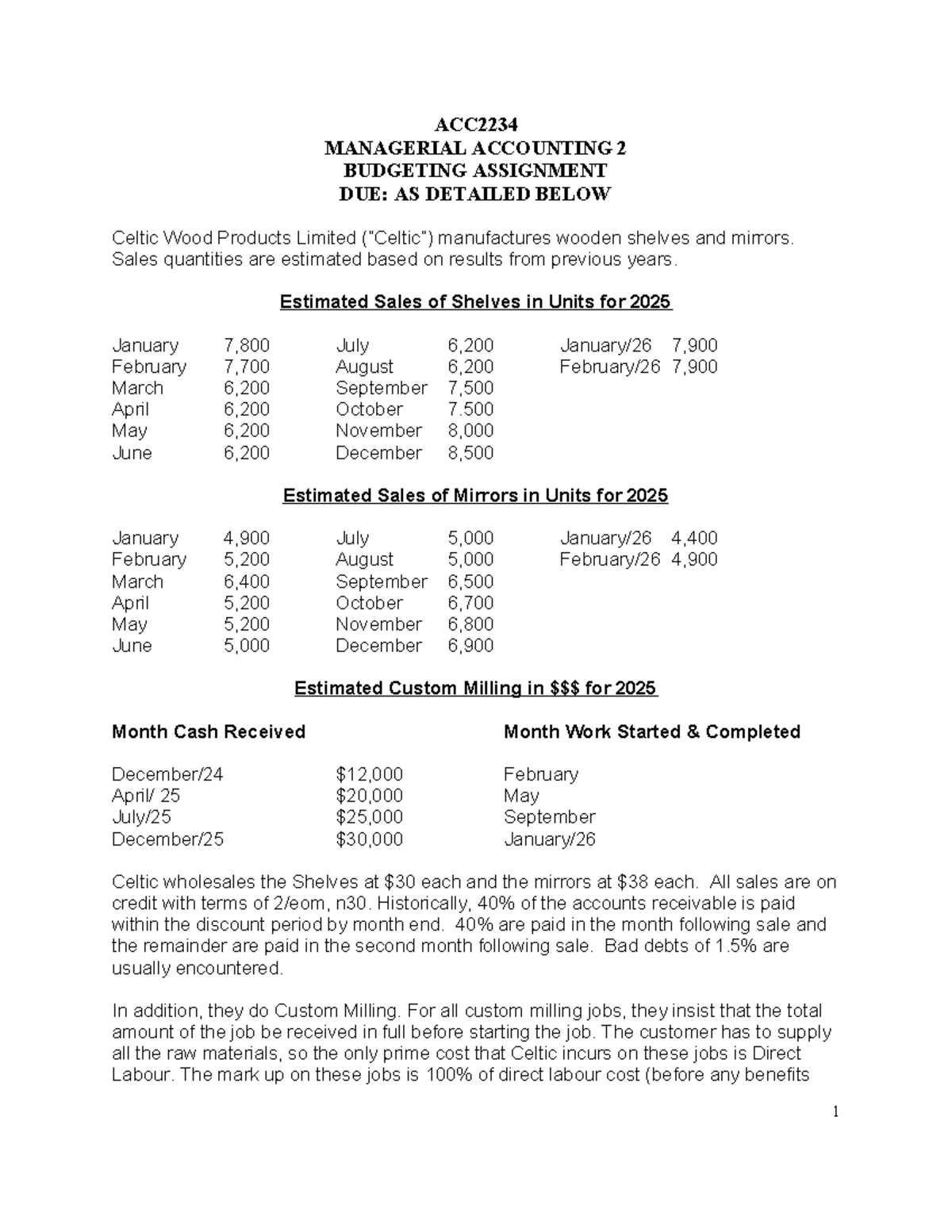 Budget Assignment -2024W - ACC MANAGERIAL ACCOUNTING 2 BUDGETING ASSIGNMENT DUE: AS DETAILED ...
