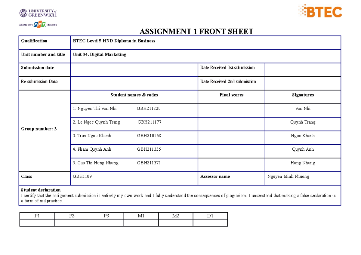 5121 ASM1 GBH1109 Group 3 - ASSIGNMENT 1 FRONT SHEET Qualification BTEC ...