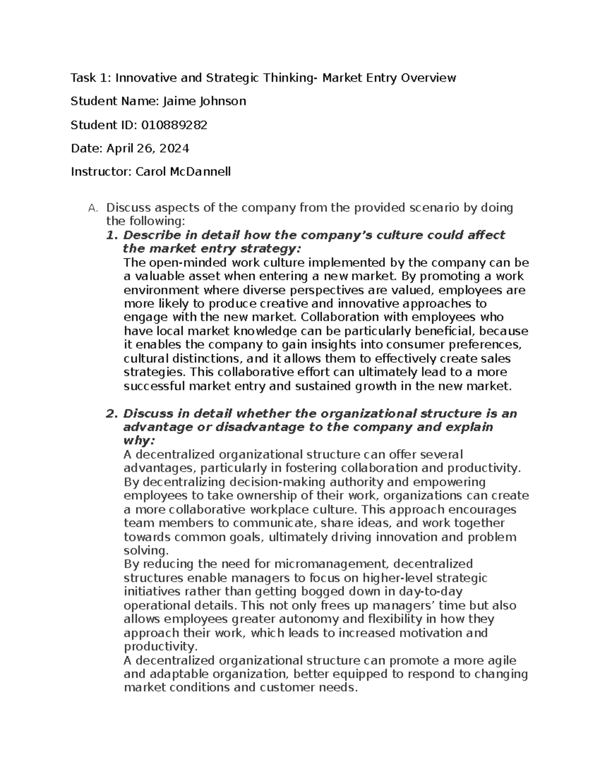 Innovative and Strategic Thinking Task 1 - Task 1: Innovative and ...