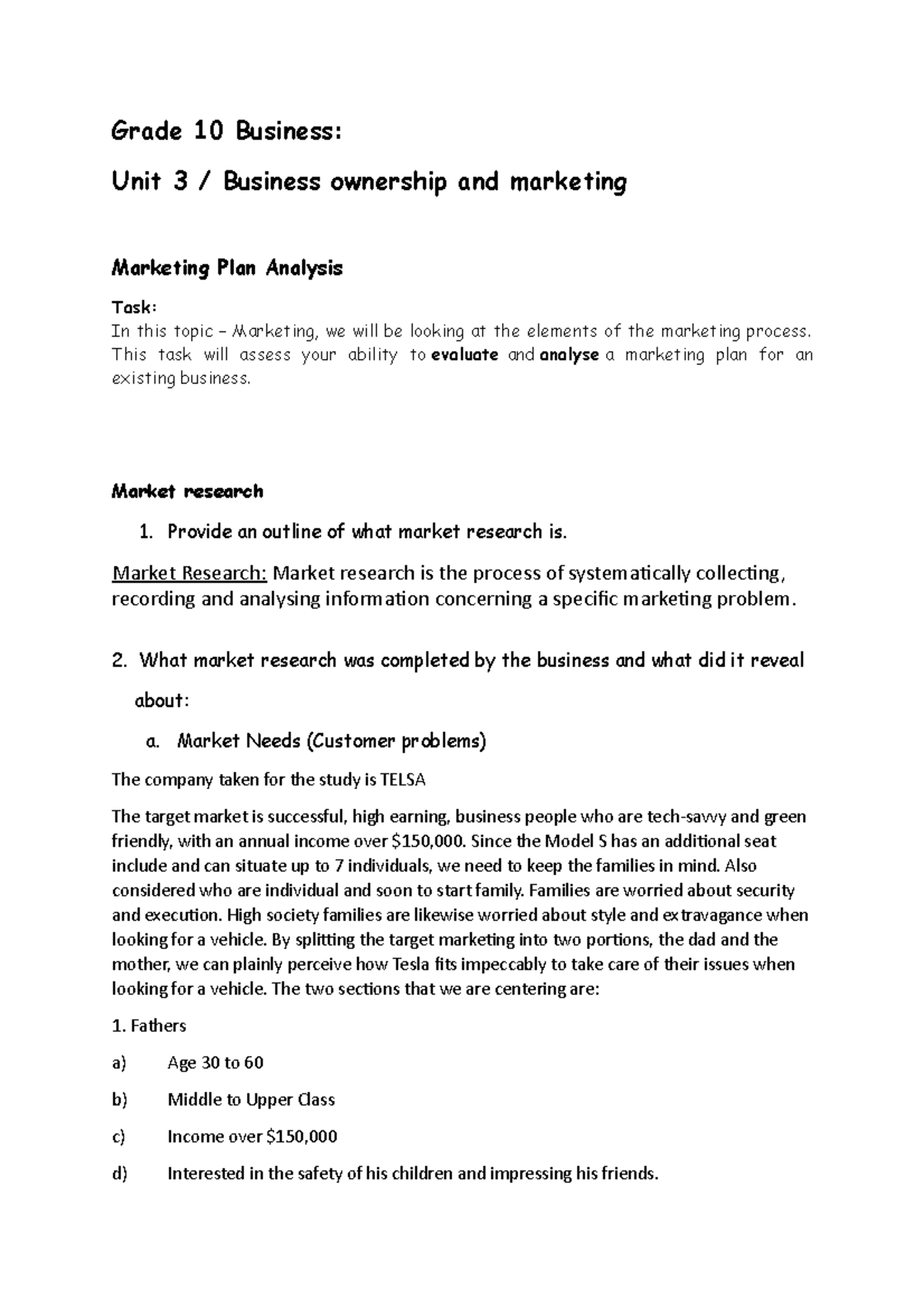 Marketing Plan Analysis Outline Draft - Grade 10 Business: Unit 3 ...