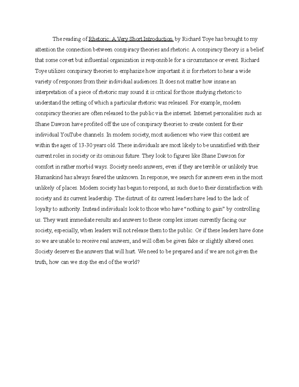 Reading Response #1 (Conspiracy Theories and Rhetoric) - The reading of ...
