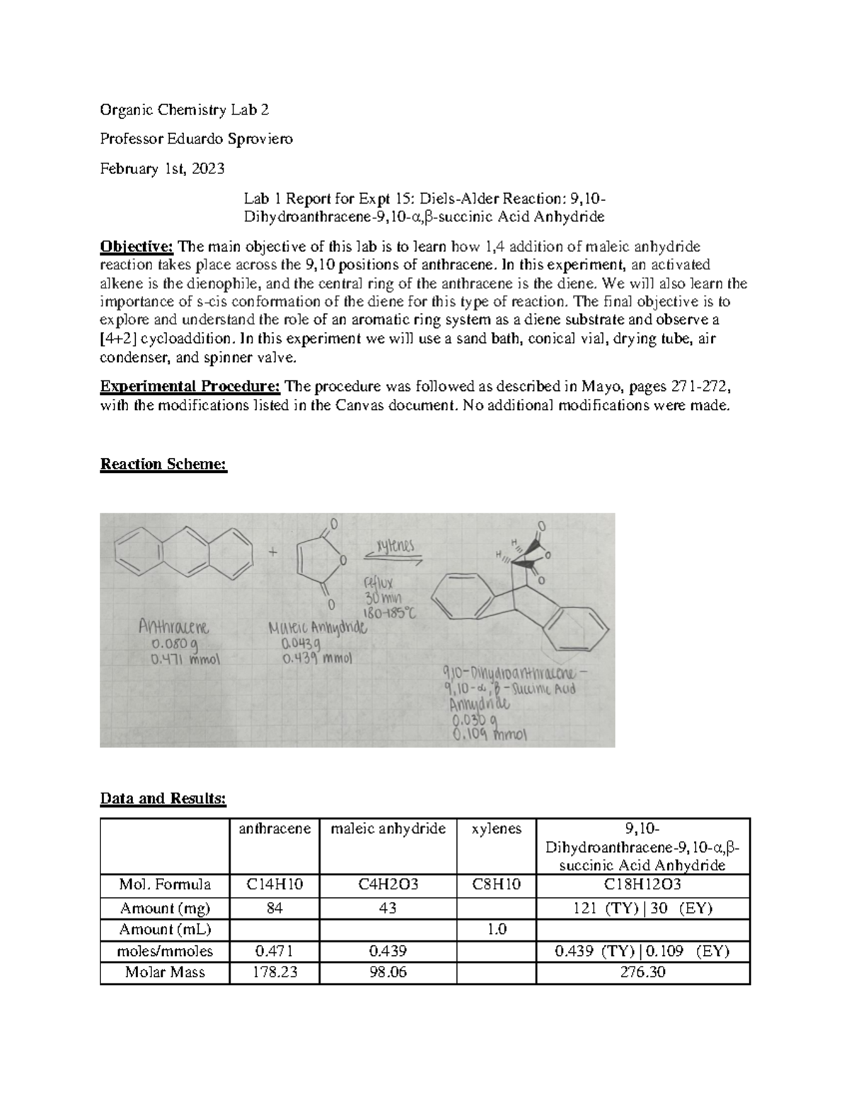 Orgo 2 Lab 1: Diels-Alder Reaction - Organic Chemistry Lab 2 Professor ...