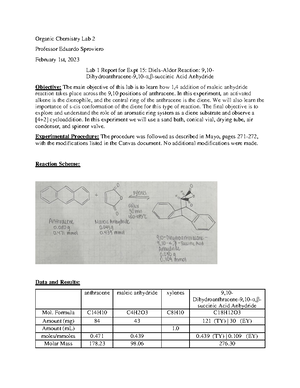 Experiment 15 Lab Report - CHEM 2204 Professor Sproviero Experiment 15: The Diels-Alder Reaction ...