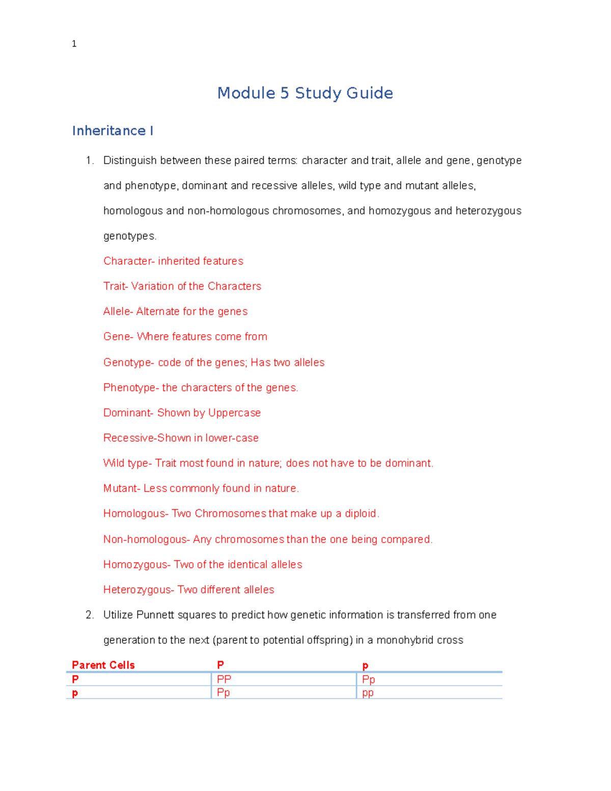 Module 5 Study Guide - Module 5 Study Guide Inheritance I Distinguish between these paired terms ...