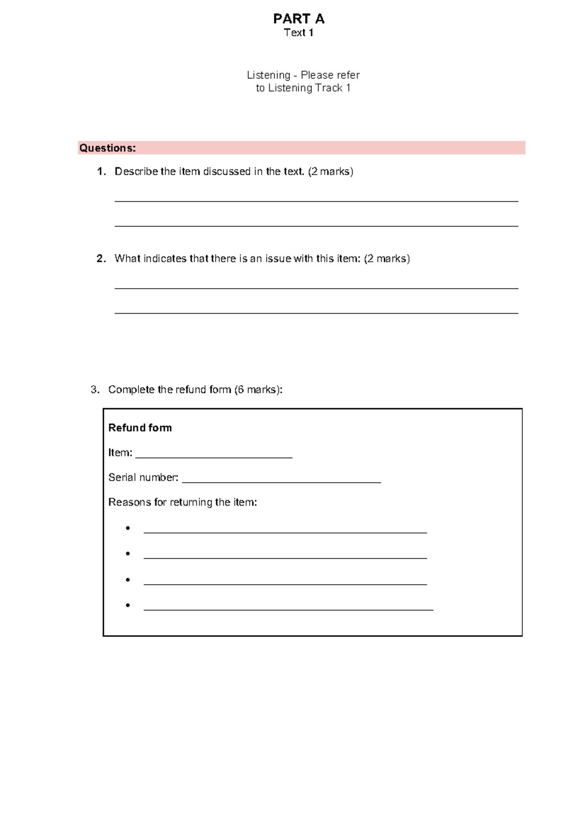 2020-aftv-sample - prac - PART A Text 1 Questions: 1. Describe the item ...