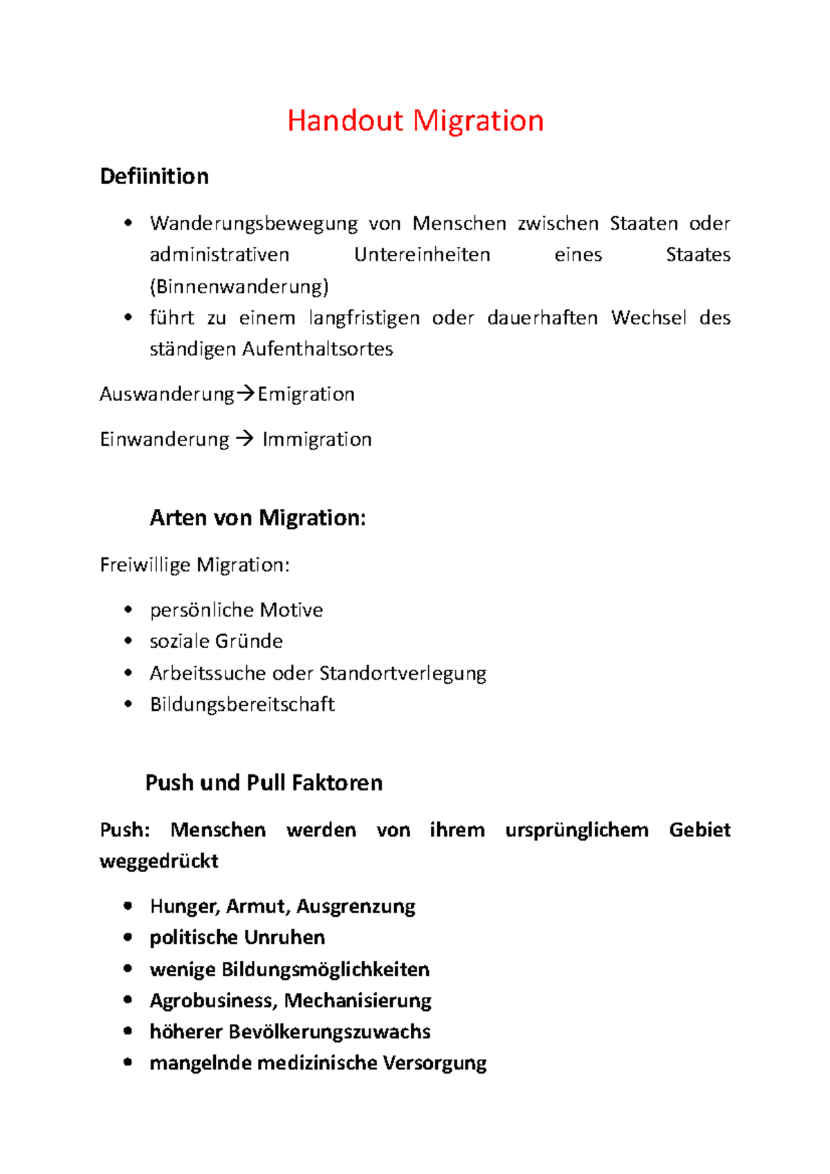 Handout Migration - Handout Migration Defiinition Wanderungsbewegung ...