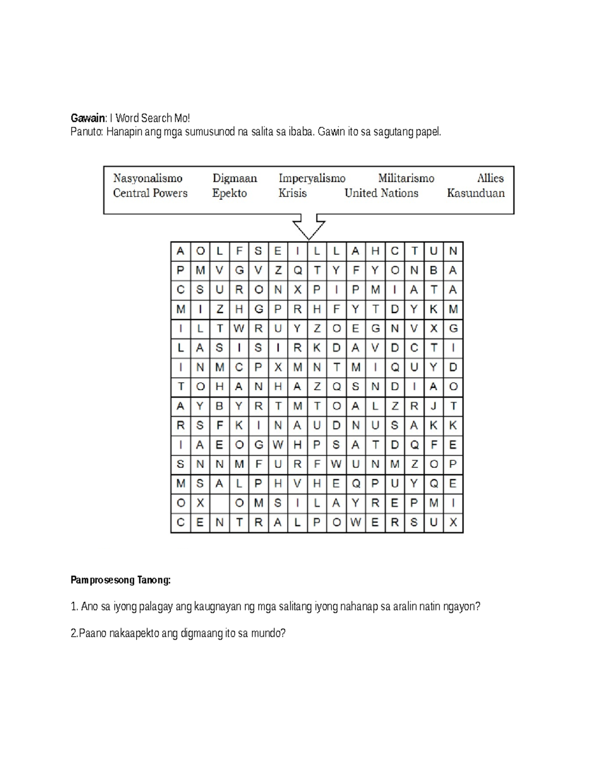 Gawain-sa-AP8 - Araling Panlipunan - Gawain: I Word Search Mo! Panuto: Hanapin ang mga sumusunod ...