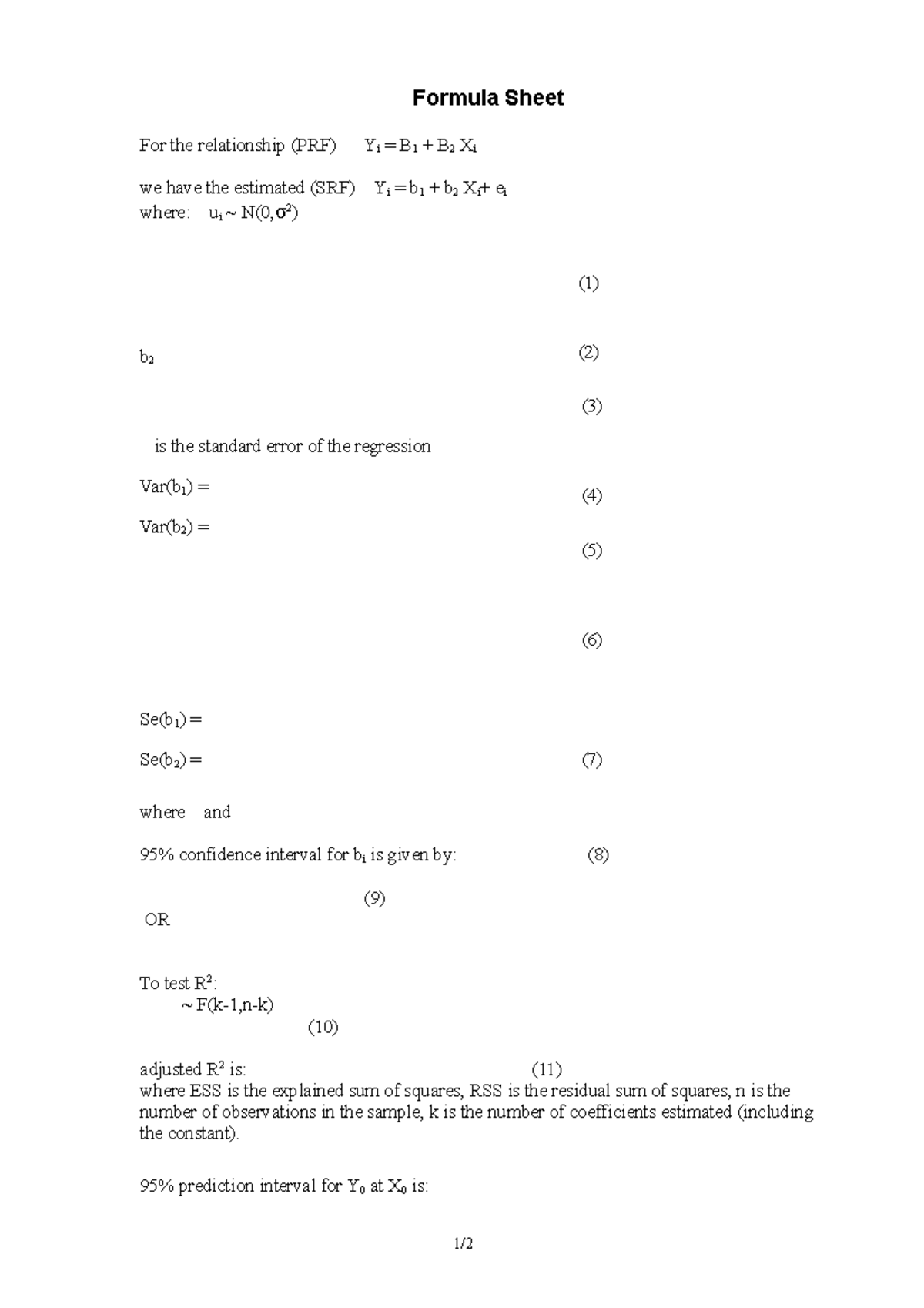 Formula Sheet Basic Econometrics Formula Sheet For The Relationship