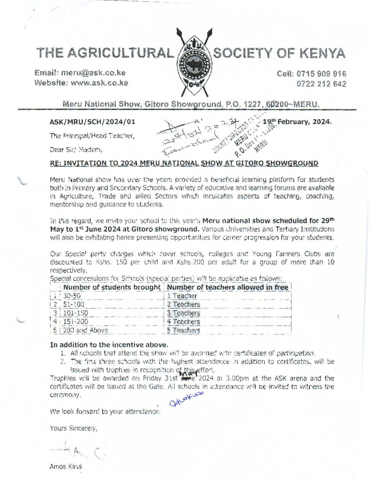 School invitation letter - 2024 - Amos Kirui Yours Sincerely, Our ...