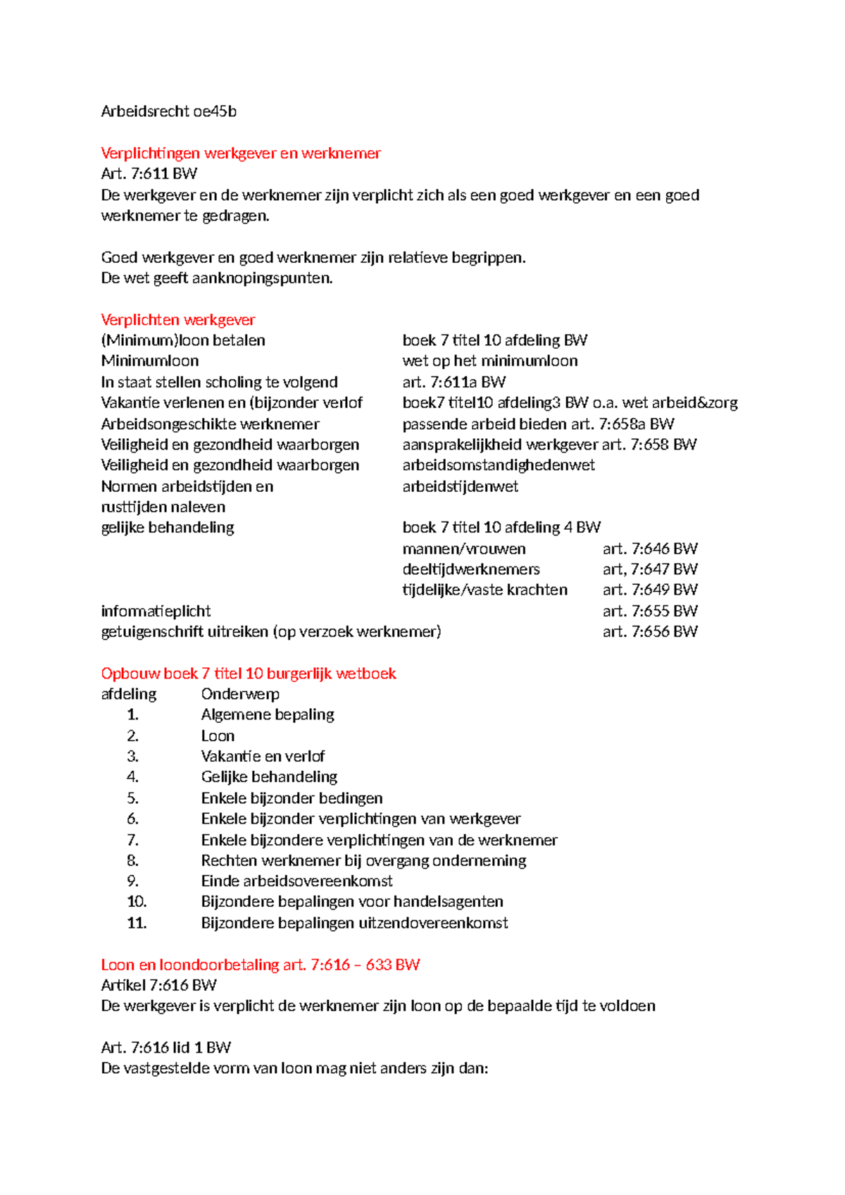 Samenvatting Les 2 Arbeidsrecht Oe45b Verplichtingen Werkgever En