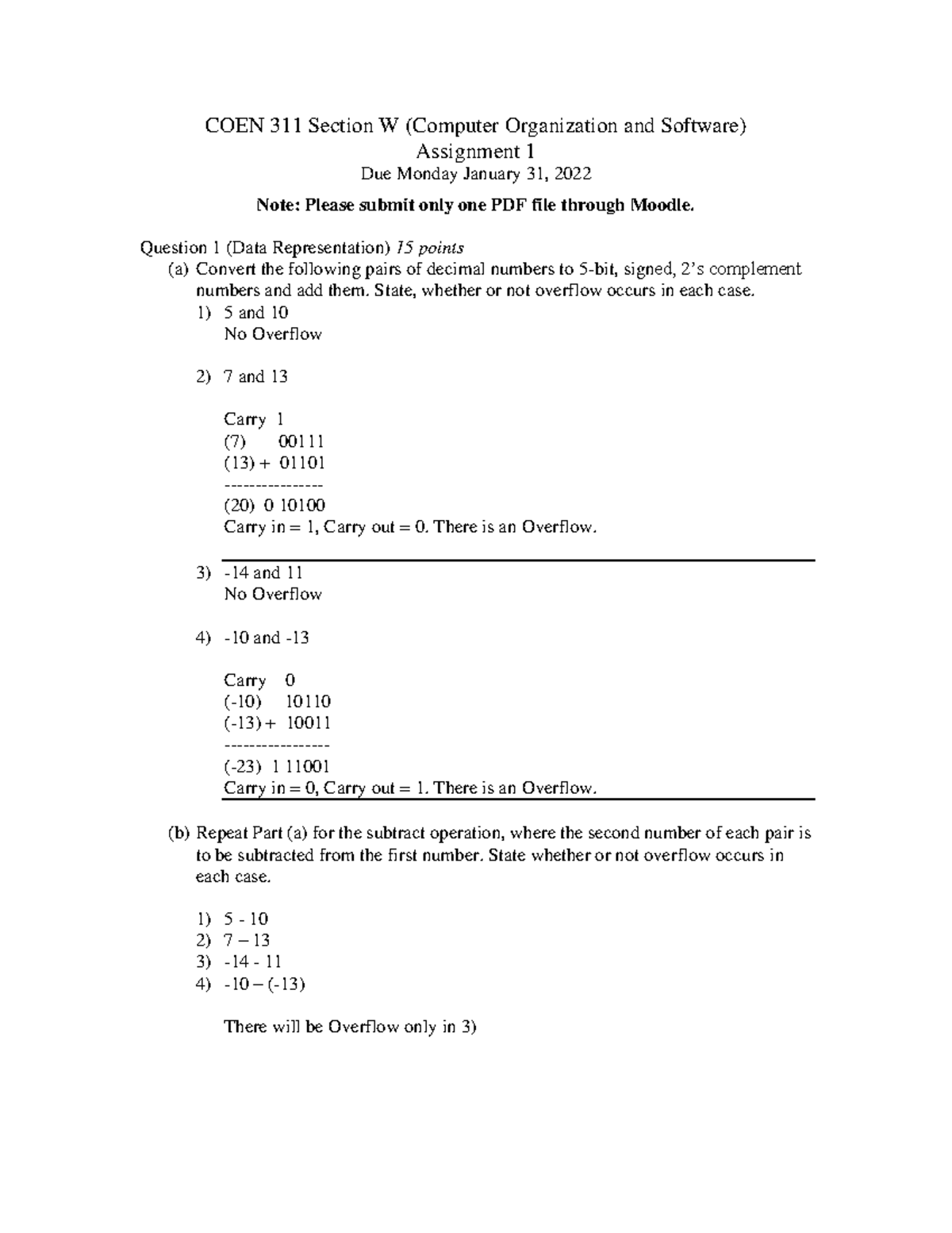 Assignment 1 With Solution Coen 311 Section W Computer Organization And Software Assignment