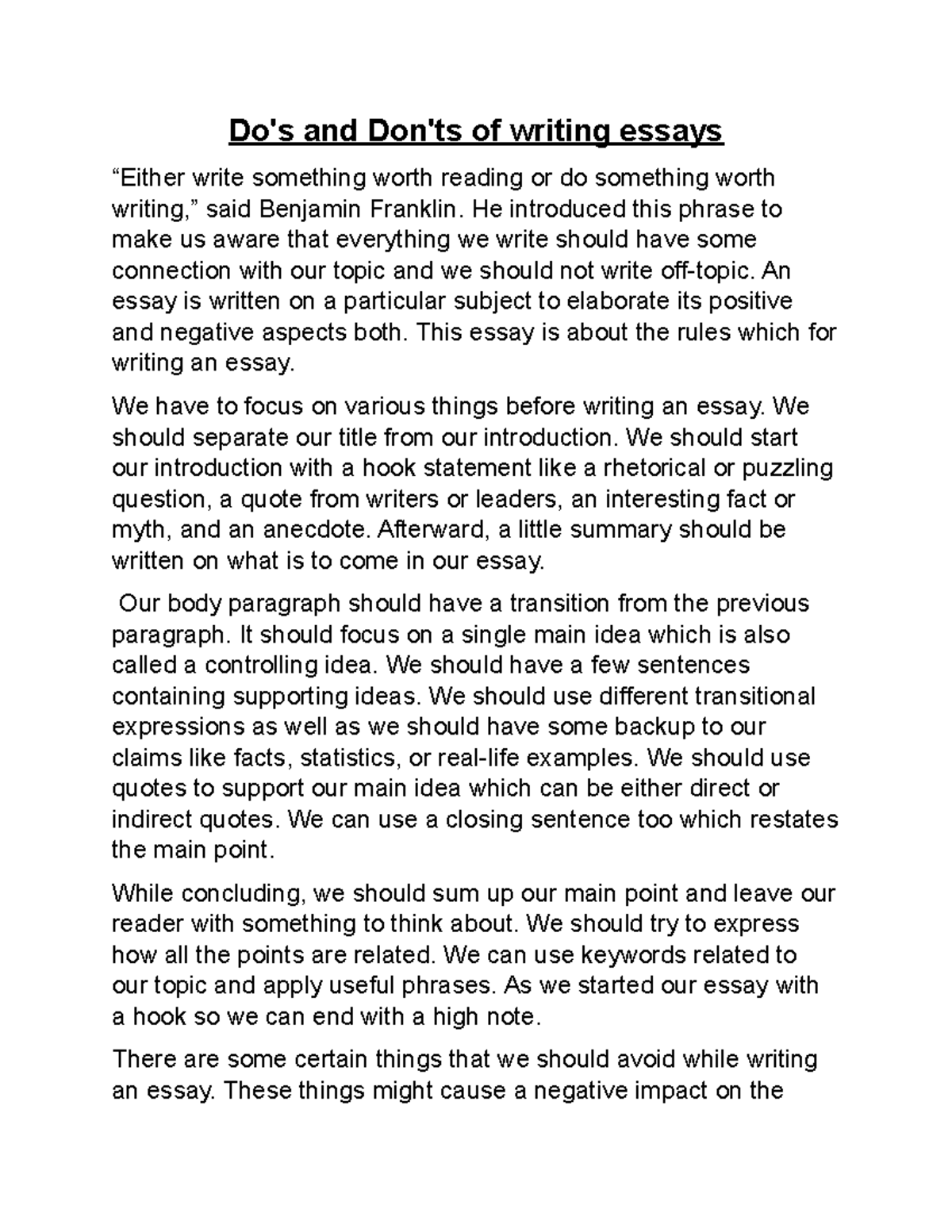 Do's and Don'ts of writing essay - Essay - Do's and Don'ts of writing ...