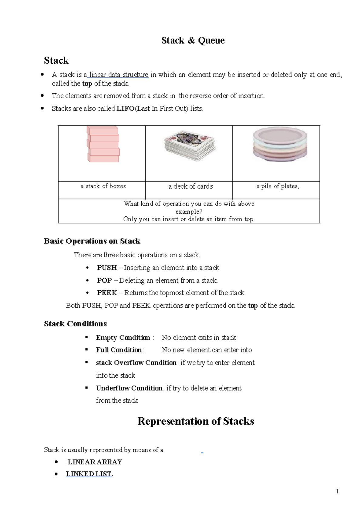 Finalstack And Queue Notes Stack And Queue Stack A Stack Is A Linear Data Structure In Which