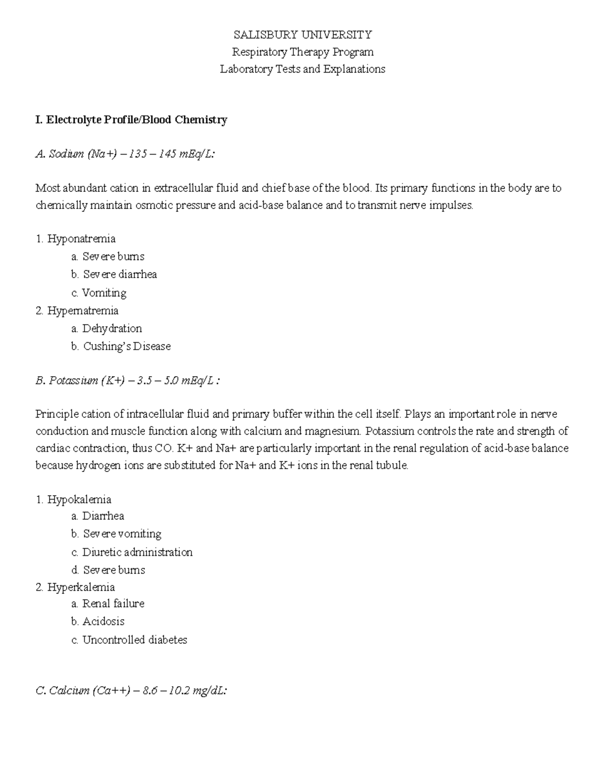 Important lab values - SALISBURY UNIVERSITY Respiratory Therapy Program ...