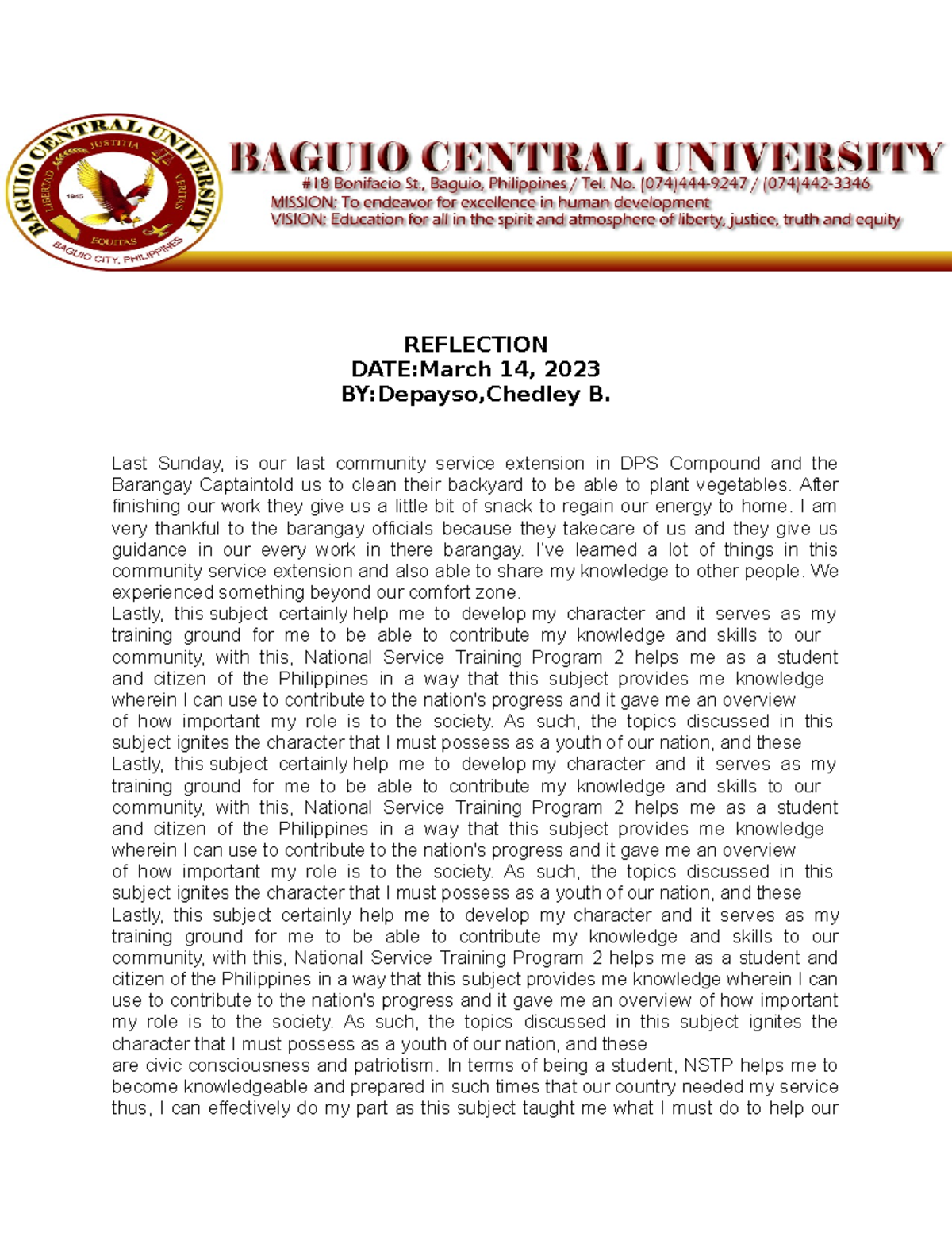 Reflection 1done - Notes - REFLECTION DATE:March 14, 2023 BY:Depayso ...