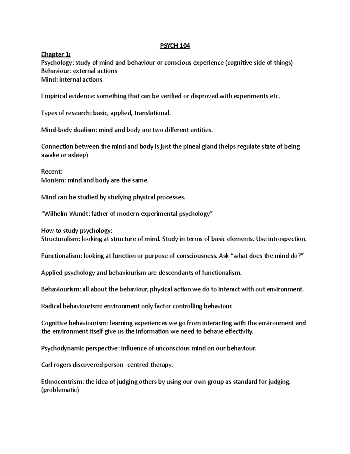 Psych 104 - Chapter 1: PSYCH 104 Psychology: study of mind and ...