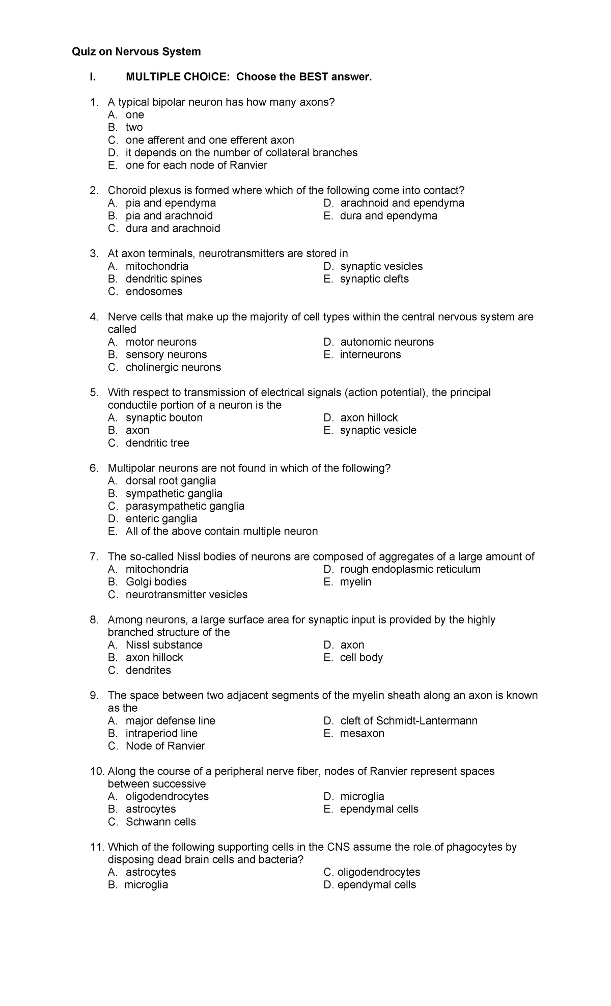 340409566 Quiz on Nervous System - Quiz on Nervous System I. MULTIPLE ...