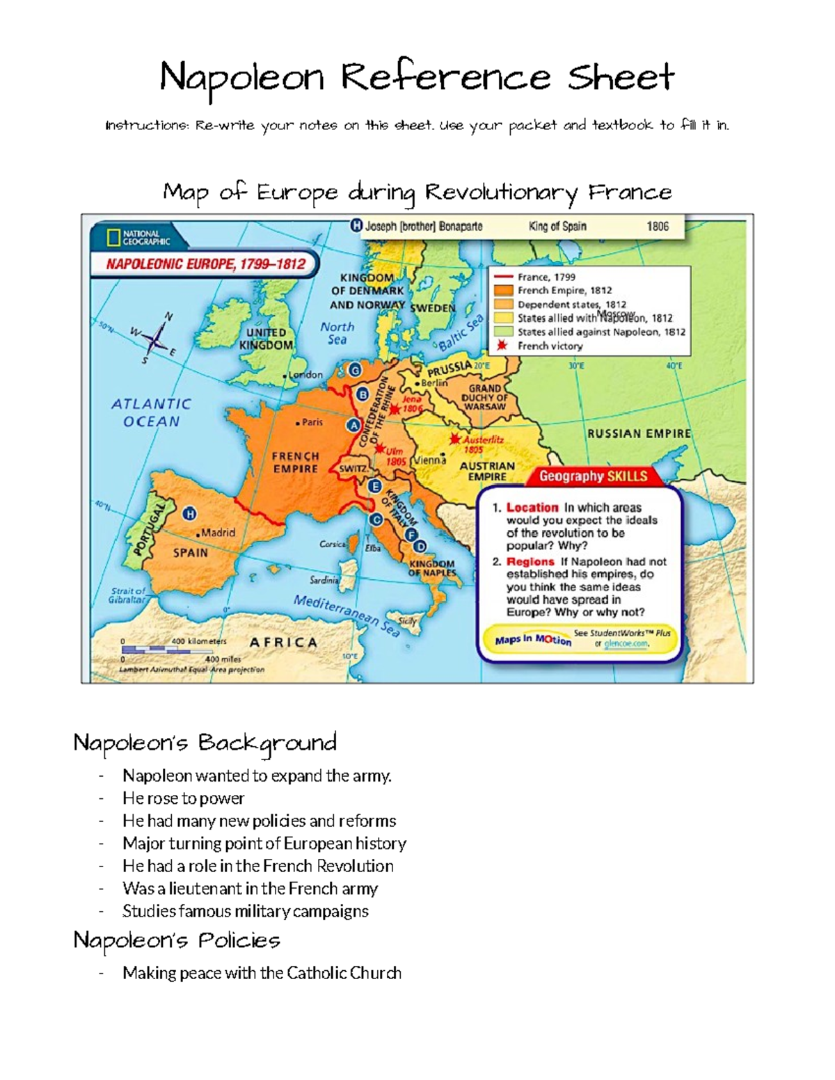 Napoleon Notes - Napoleon Reference Sheet Instructions: Re-write your ...