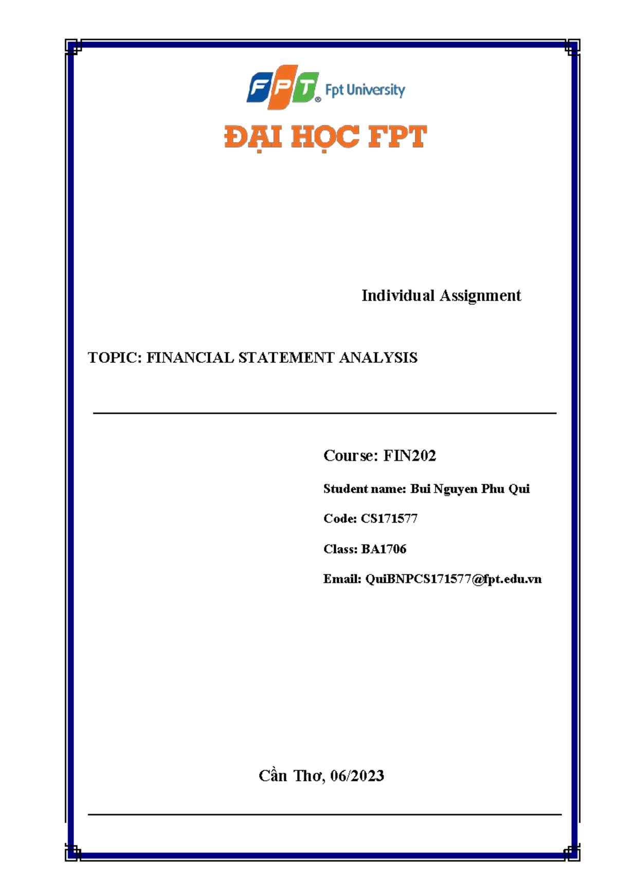 IA - môn IA - Individual Assignment TOPIC: FINANCIAL STATEMENT ANALYSIS ...
