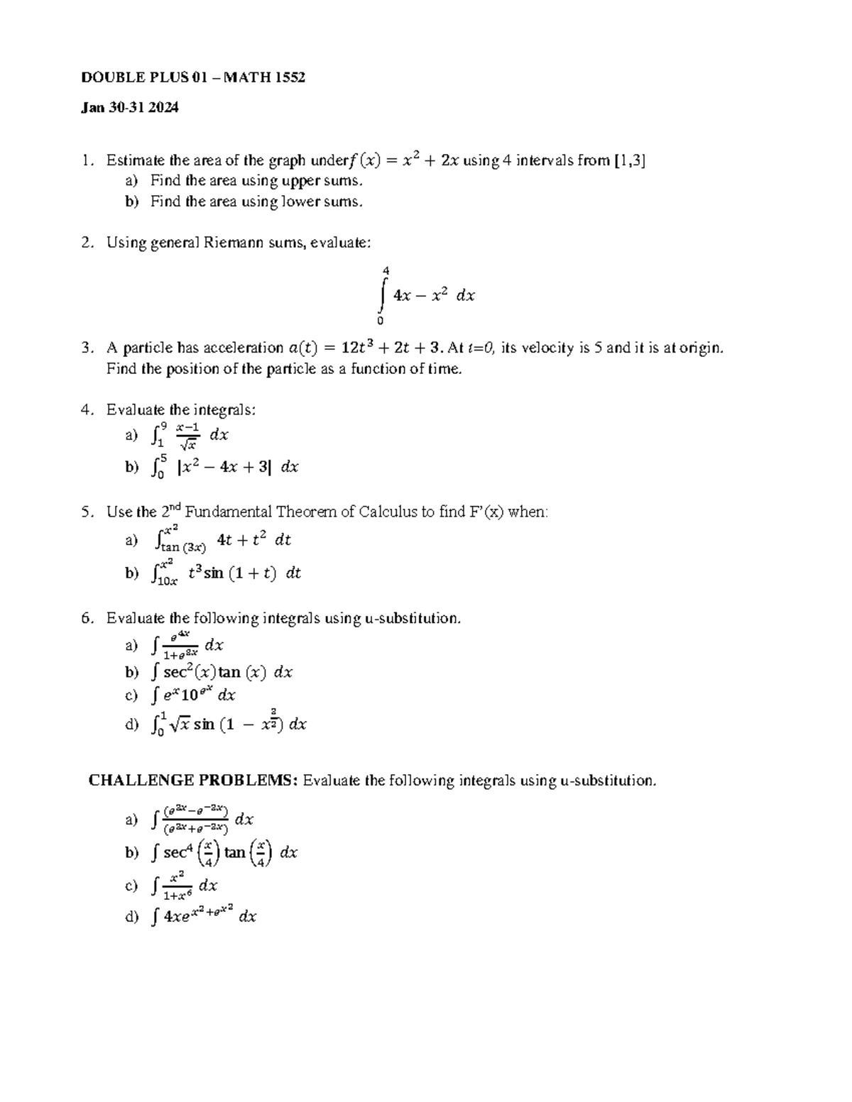 Double 1-1552 final - Practice problems for Exam 1 - DOUBLE PLUS 01 – MATH 1552 Jan 30- 31 2024 ...