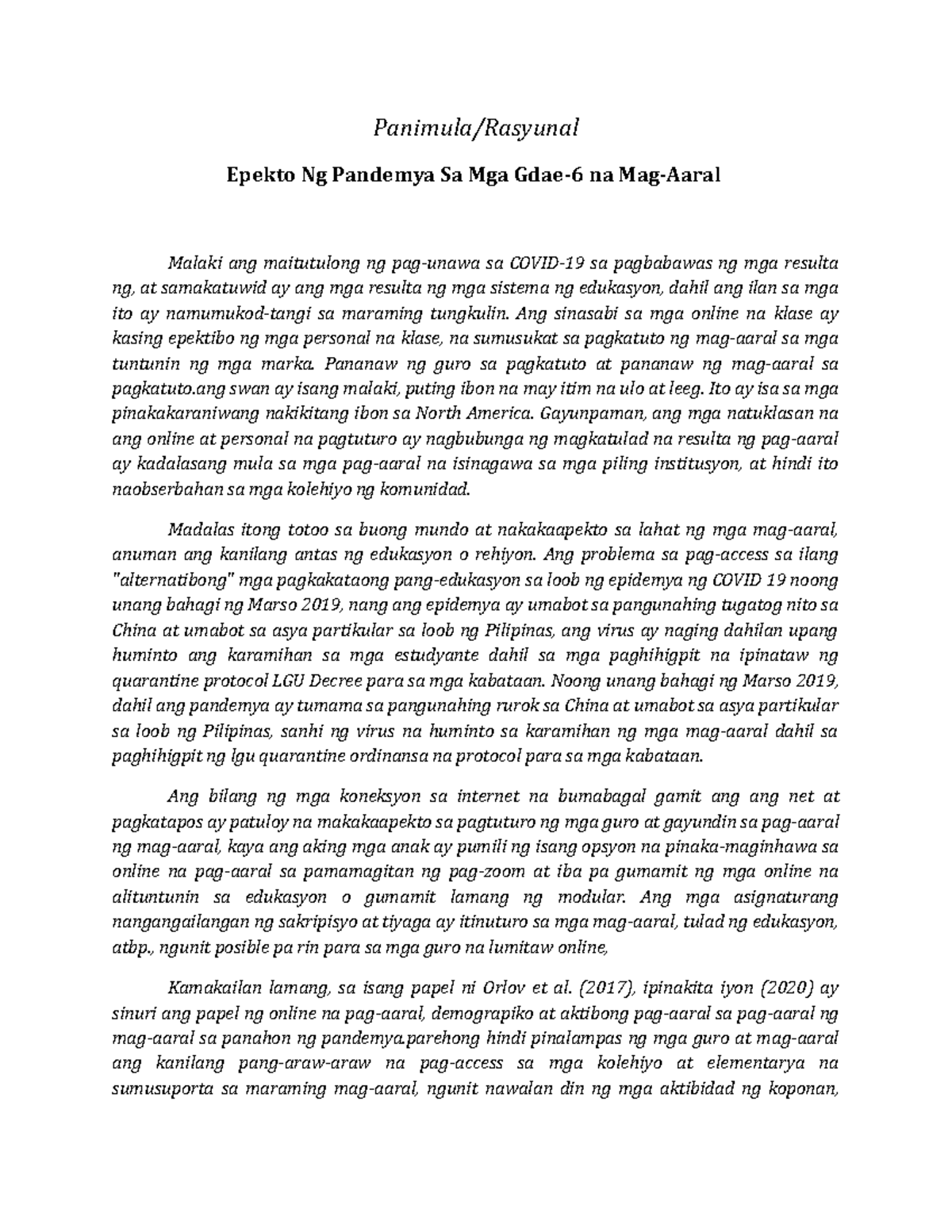 Riserts-SA- Filipino - Panimula/Rasyunal Epekto Ng Pandemya Sa Mga Gdae ...
