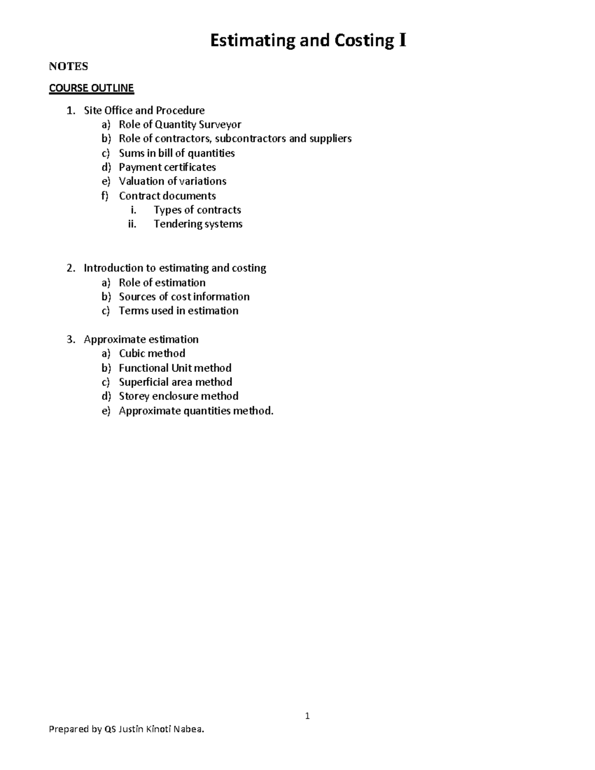 Estimating and Costing I Notes-1 compressed - 1 Estimating and Costing ...