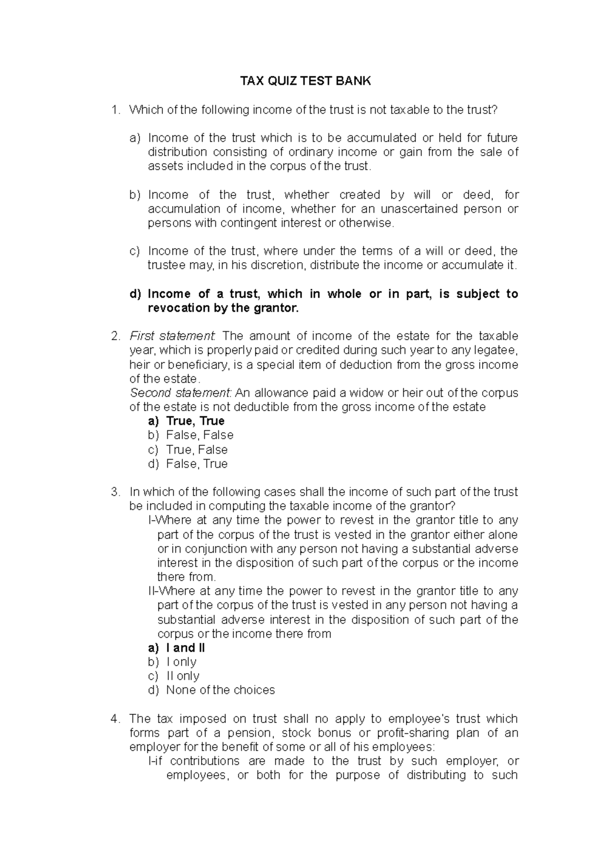 436431957-TAX-QUIZ - nice - TAX QUIZ TEST BANK Which of the following ...