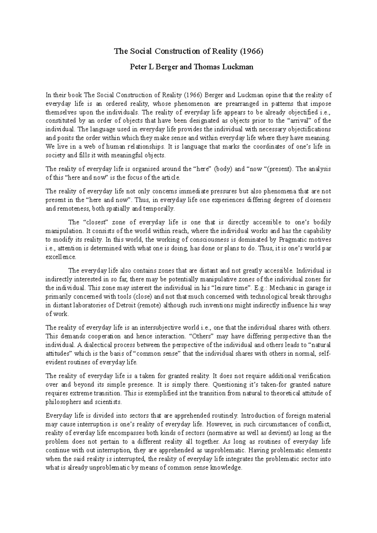 The Social Construction of Reality - The reality of everyday life ...