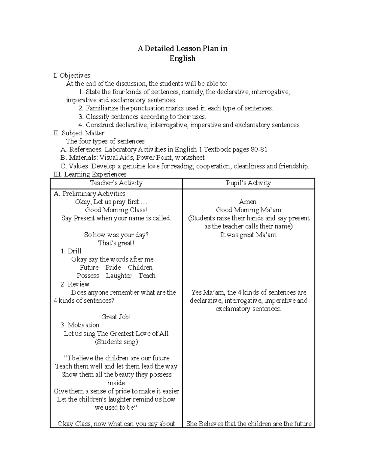 A Detailed Lesson Plan in English - Objectives At the end of the ...