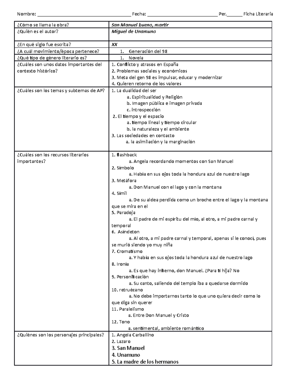 Ficha en blanco San Manuel bueno, martir (Cornell Notes) - Nombre ...