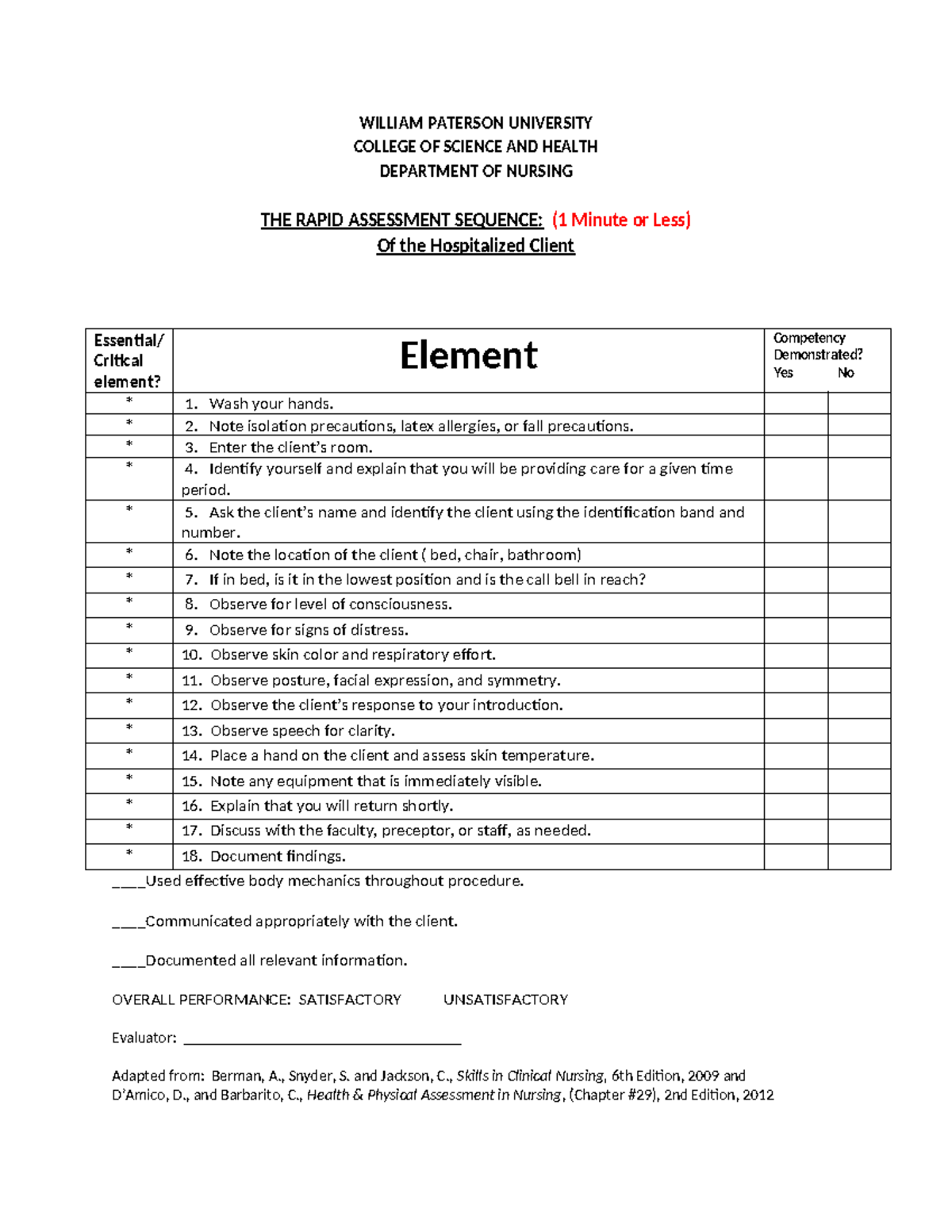 Learner Rapid Assessment Sequence of the Hospitalized Client - WILLIAM ...