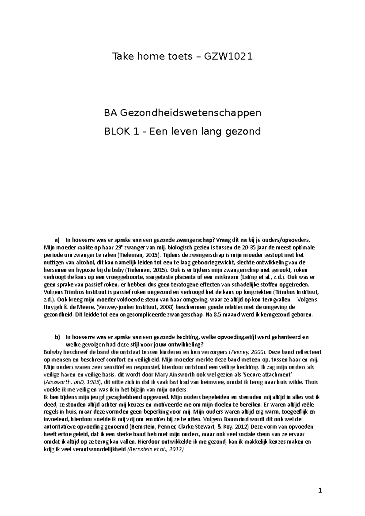 TAKE HOME Toets Definietief - Take home toets – GZW BA ...