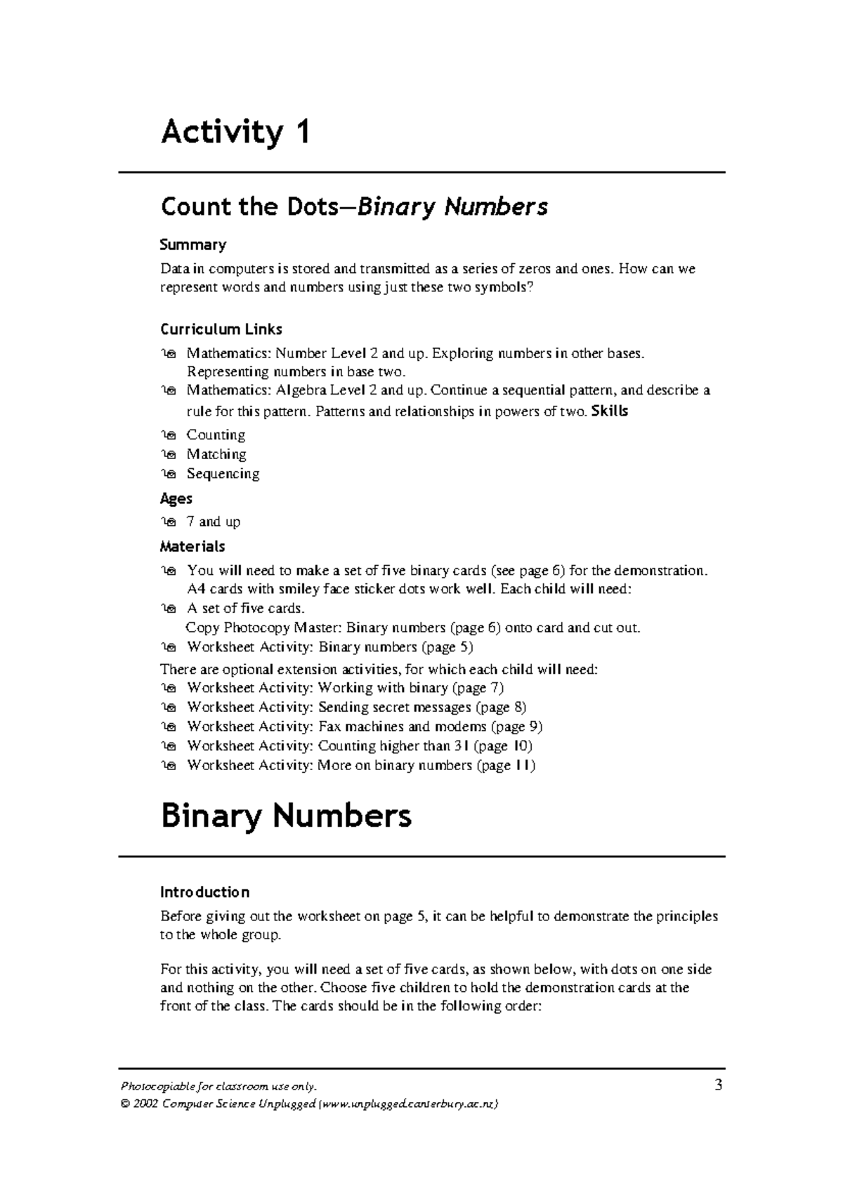 Binary Counting Lab Activities - Photocopiable for classroom use only ...
