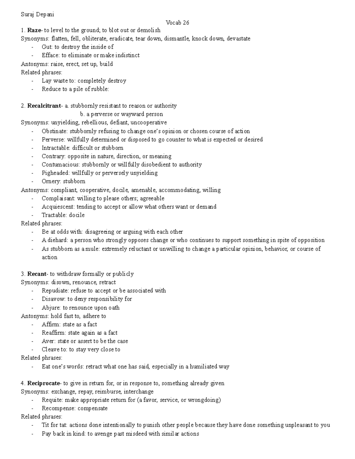 Vocab 26 - Suraj Depani Vocab 26 Raze- to level to the ground; to blot ...