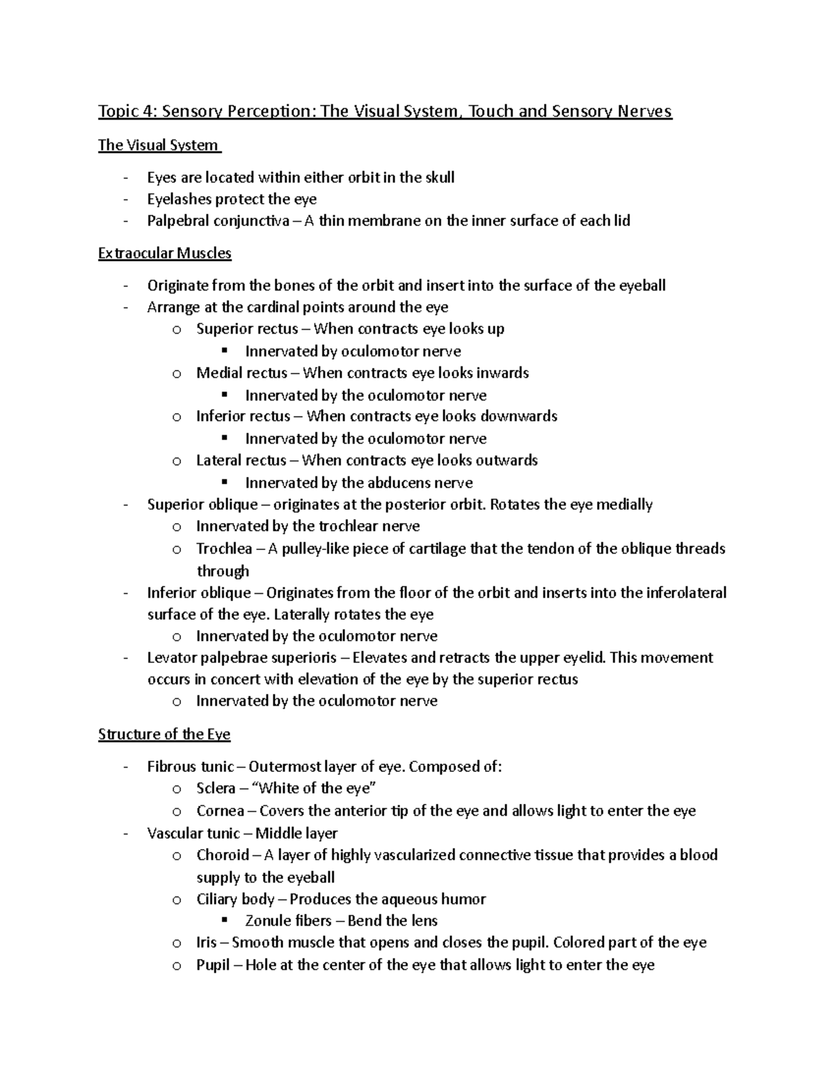 A&P 1 Unit 6 Topic 4 Notes Sensory Perception - SC 146 - Studocu