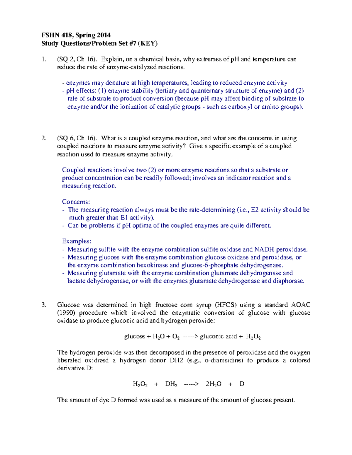 FSHN 418, Study Questions-Problem Set #7 [KEY] - FSHN 418, Spring 2014 Study Questions/Problem ...