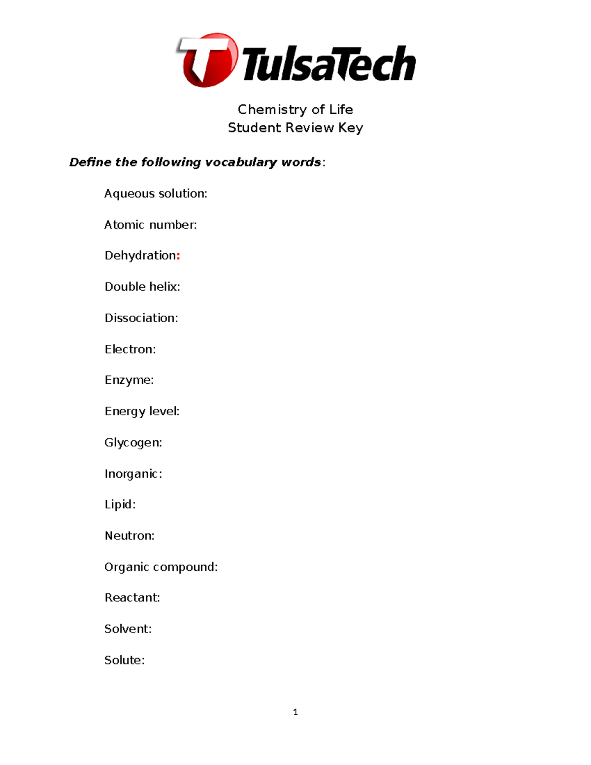 Chemistry of Life LAP - Chemistry of Life Student Review Key Define the ...