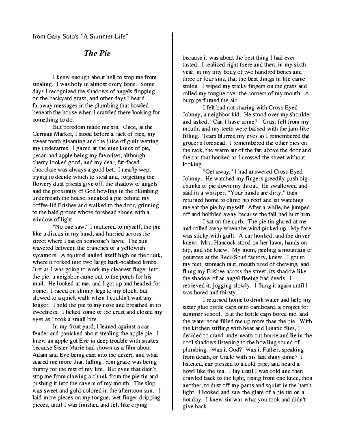 From Gary Soto's A Summer Life - from Gary Soto's "A Summer Life" The ...