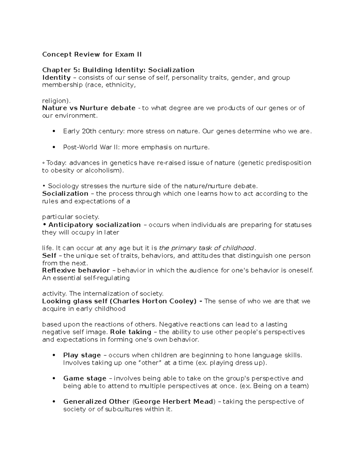 Concept Review for Exam II - Concept Review for Exam II Chapter 5 ...