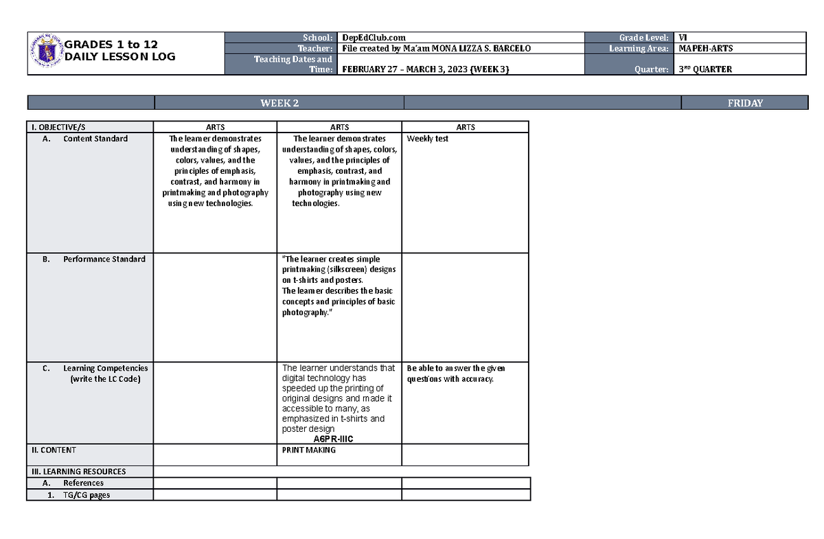 DLL Mapeh-ARTS-6 Q3 W3 - These daily lesson logs help teachers to have an easy access to the ...
