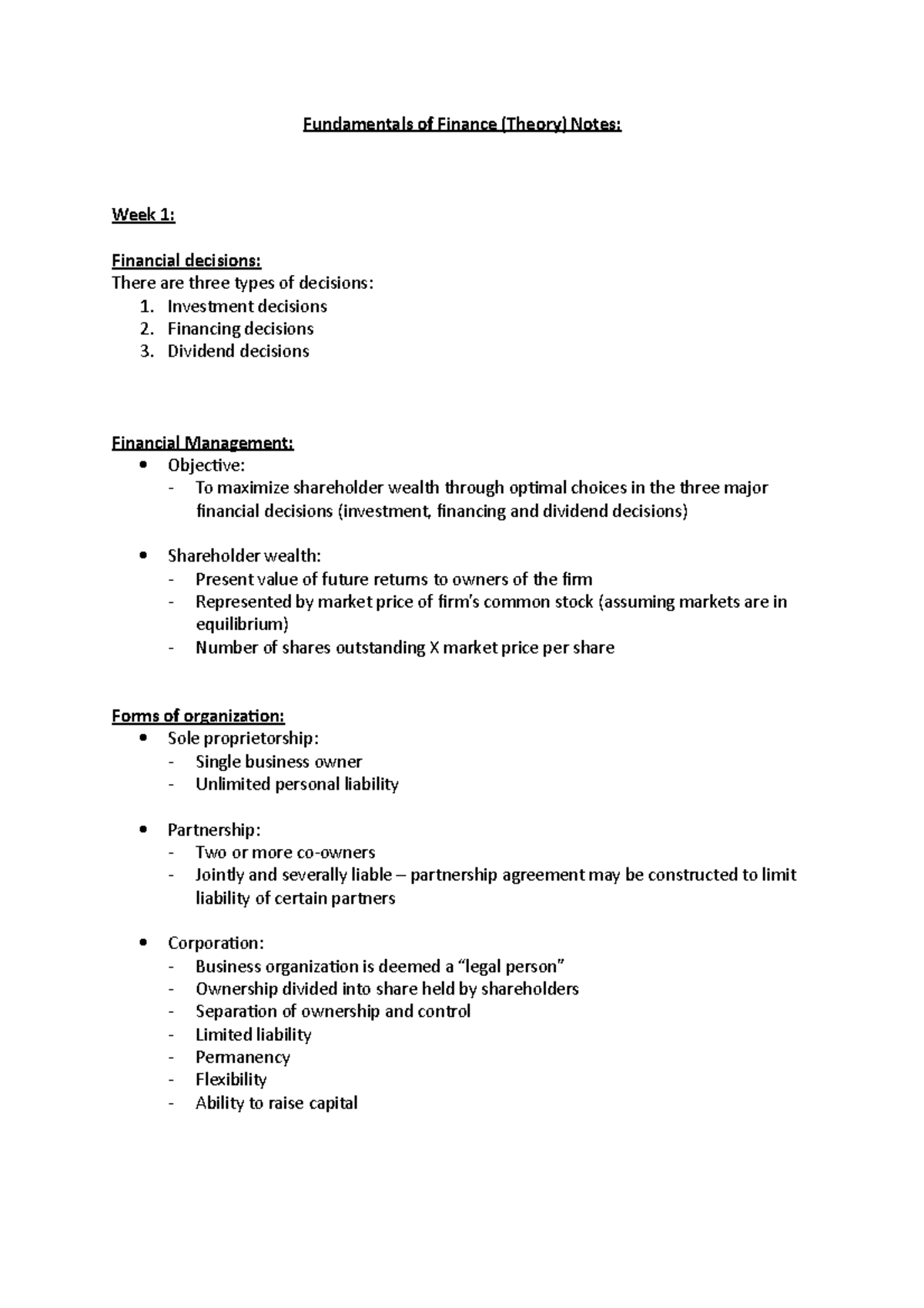 Fundamentals of Finance Theory Notes - Investment decisions 2 ...