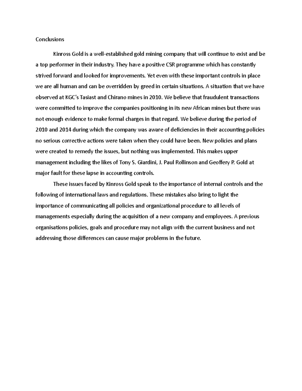Conclusions - Assignment - Conclusions Kinross Gold is a well ...