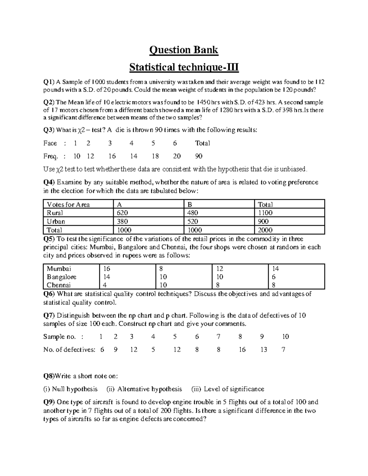 ST3 QB - ST3 QB - Question Bank Statistical technique-III Q1) A Sample ...