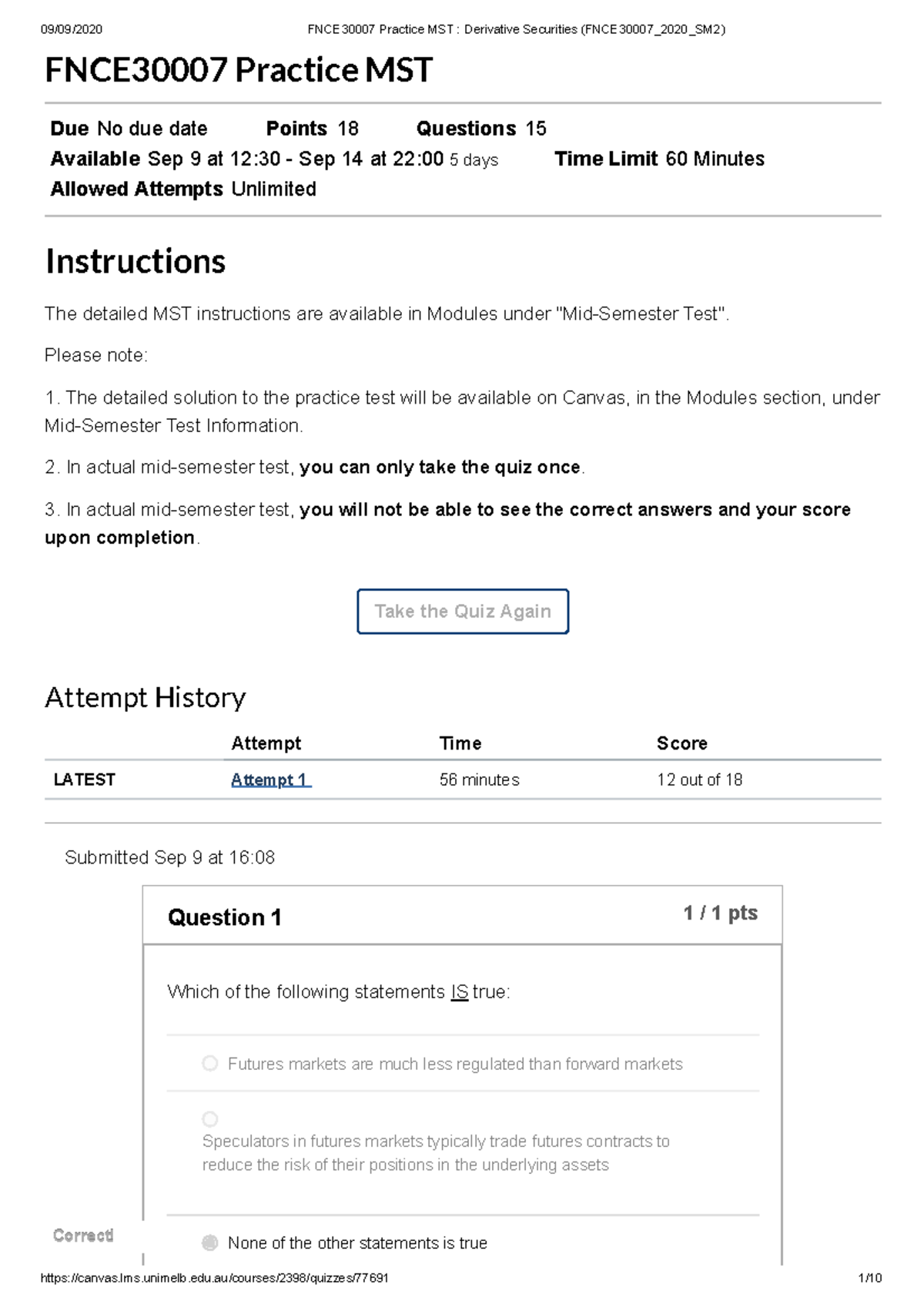Practice MST with answers - FNCE30007 Practice MST Due No due date Points 18 Questions 15 ...